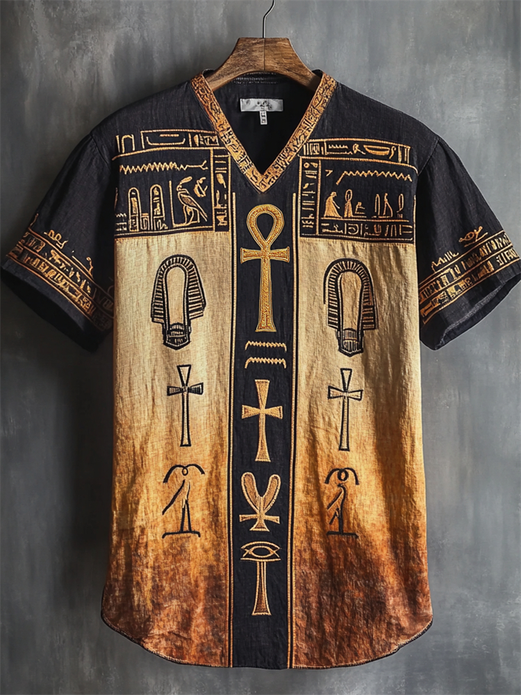 Vintage Ankh Ancient Egyptian Embroidered Dyed Linen Shirt