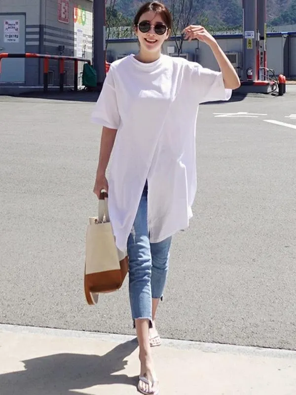 Elegant Split-Front Solid Loose T-Shirt Top