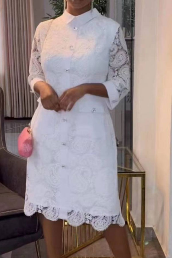 White Lace Patchwork Commuting Midi Dress