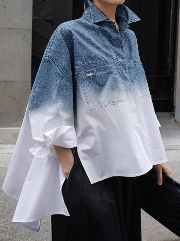 High-Low Gradient Split-Side Lapel Blouse
