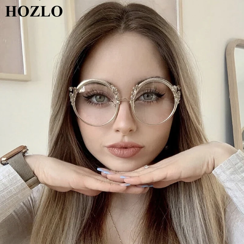 European American Color Match Carved Round Metal Myopia Glasses Women ...