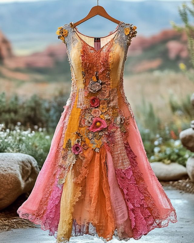 Summer Vintage Floral Lace Patchwork Dress e534