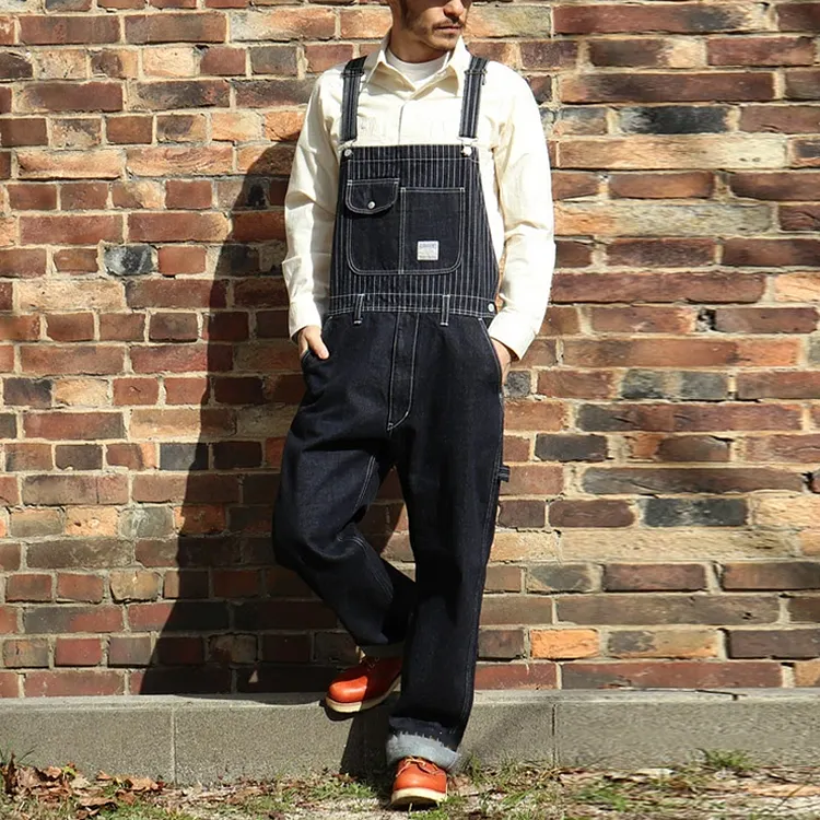 American Striped Denim Loose Retro Wide Leg Overalls