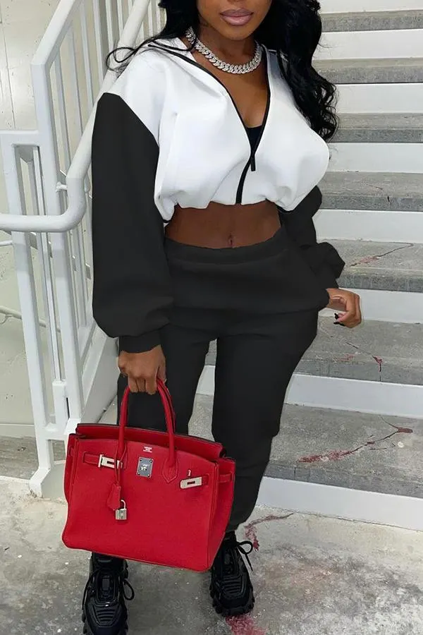 Sports Contrast Color Zipper Cropped Top Pant Suits
