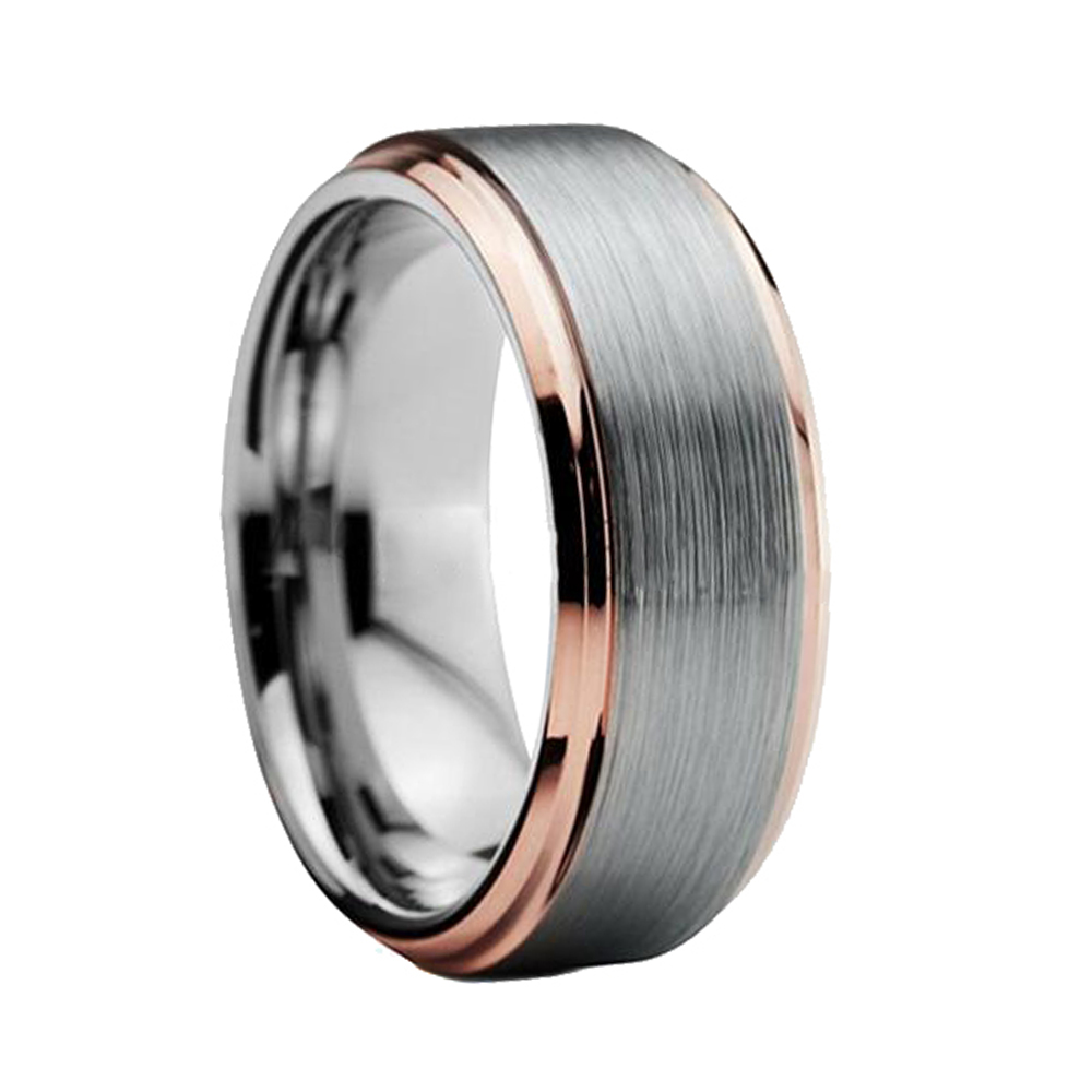 8MM Men Tungsten Ring Center Brushed Beveled Edge Rose Gold Plated ...