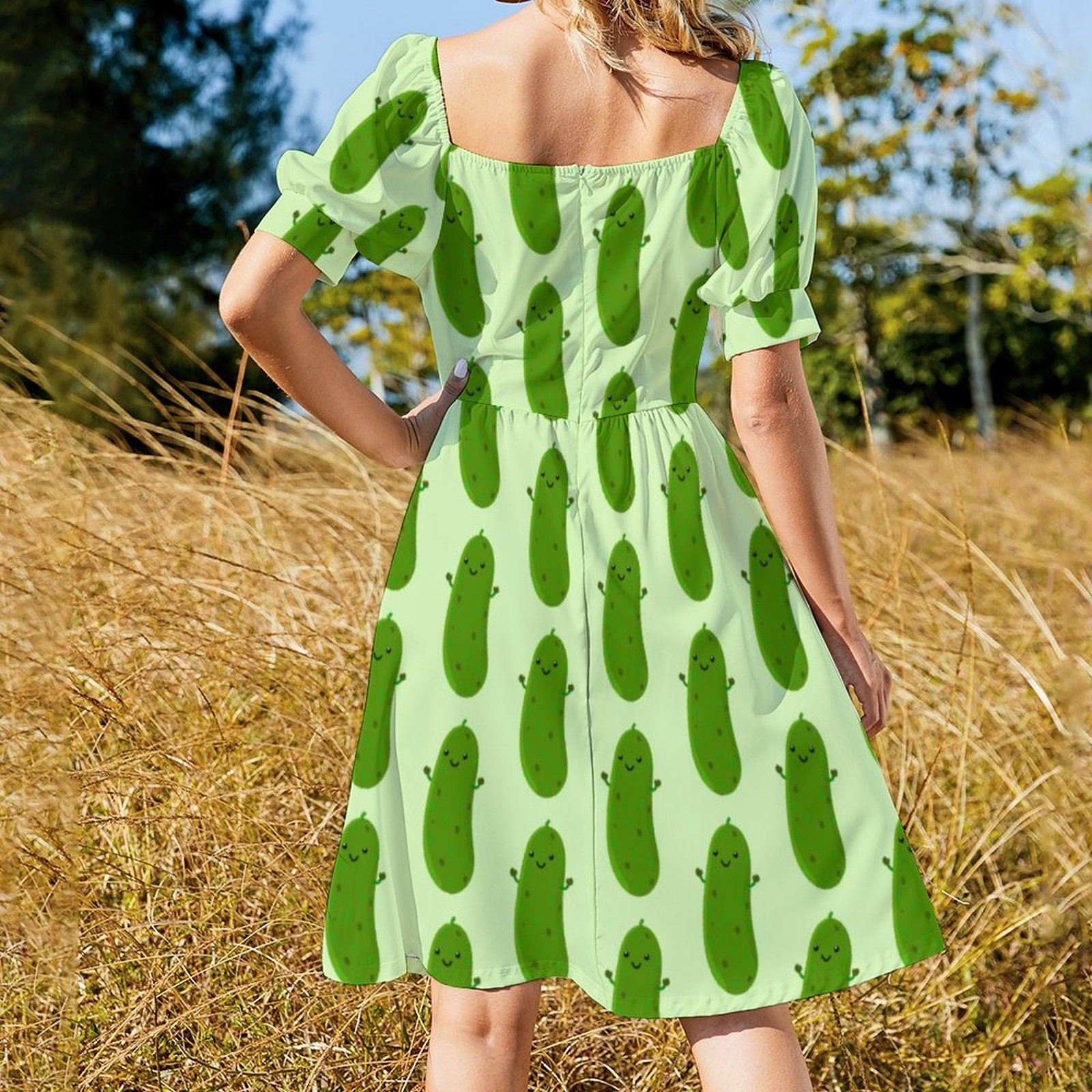 SFNEEWHO Cute Happy Pickle Cartoon Illustration Dress Women Boho High ...
