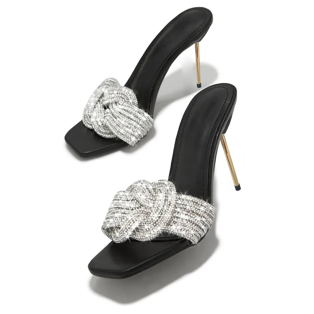 Black Leather Opened Square Toe Rhinestone Mules With Decorative Heels