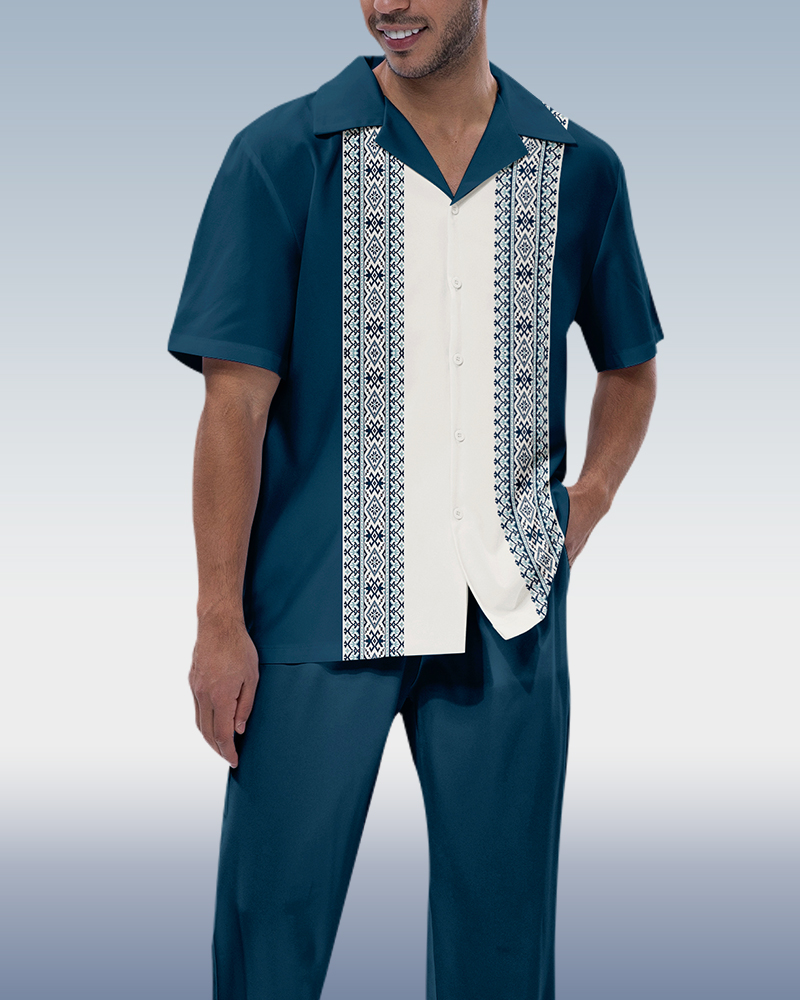 Suitmens Men's Color Block Print Short Sleeve Walking Suit 222