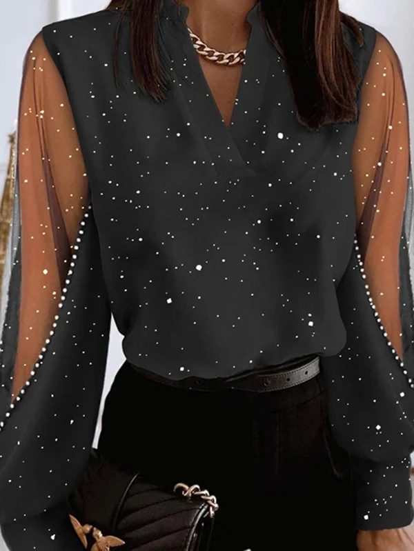 Ethereal Elegance: Long Sleeves Loose Beaded Mesh Split-Joint V-Neck ...