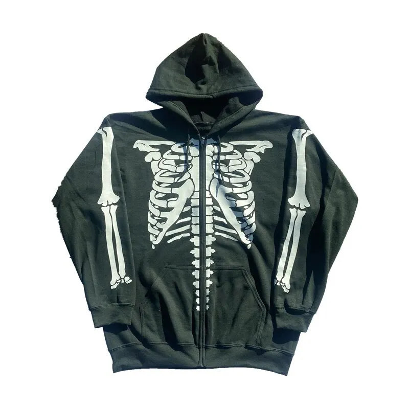 E-girl Gothic Diamonds Skeleton Jacket Coat Zip Up Hooded Autumn Black ...
