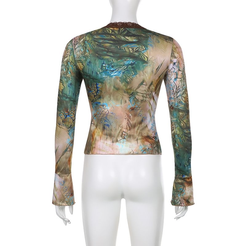 ABSTRACT PRINT LACE V-NECK LONG SLEEVE TOP