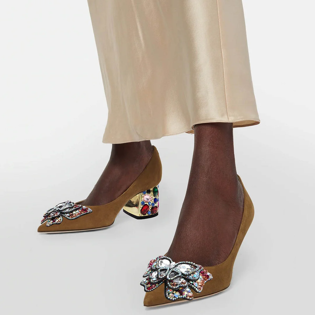 Drak Gold Pointed Toe Slip On Pumps Heels with Rhinestone Butterfly