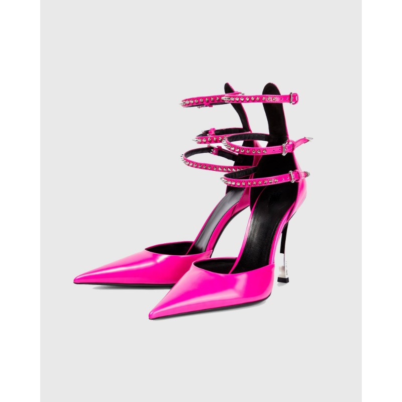 Lilla Leather Rivet Ankle Strap Metal Heel Pumps In Pink