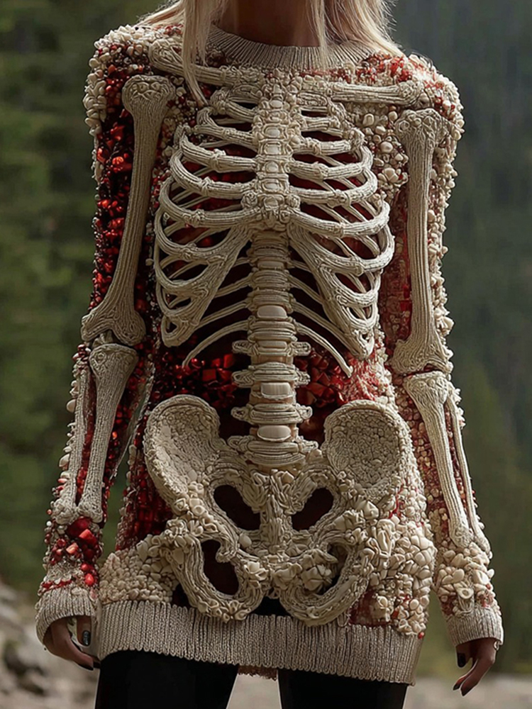 Women's Halloween Skeleton And Gem Art Gothic Knit Mini Sweater Dress