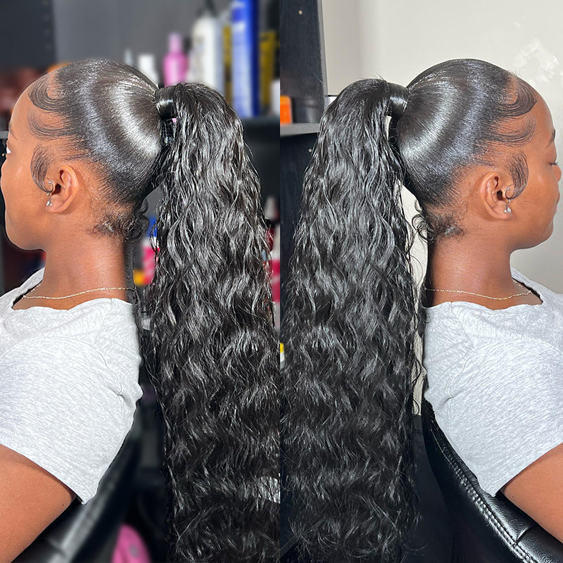 Water Wave Wrap-around Magic Velcro With Clip In Human Hair Ponytail ...