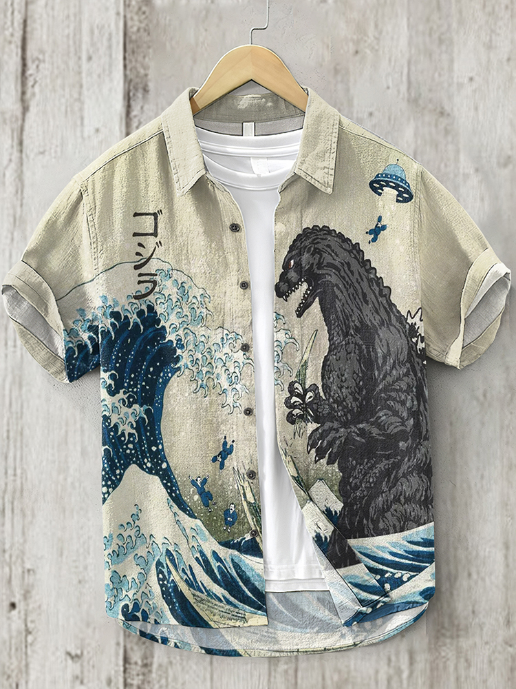 Funbibi Men's The Great Waves And Godzilla Japanese Art Print Shirt