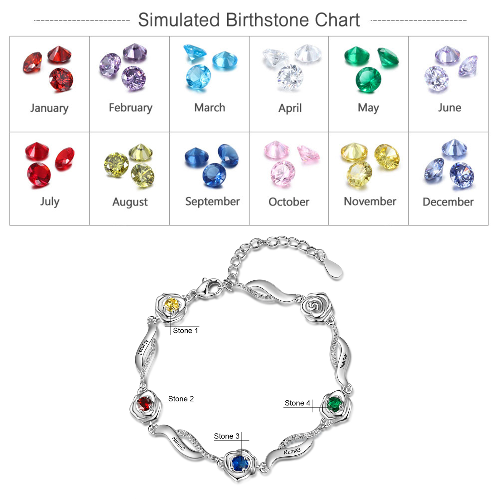 Personalized 4 Birthstones 4 Names Rose Flowers Women's Bracelet