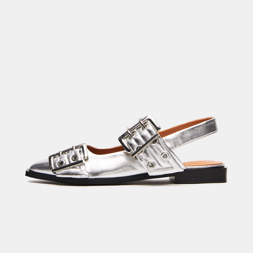 Silver Metallic Finish Pointed-Toe Slingback Flats with Buckles