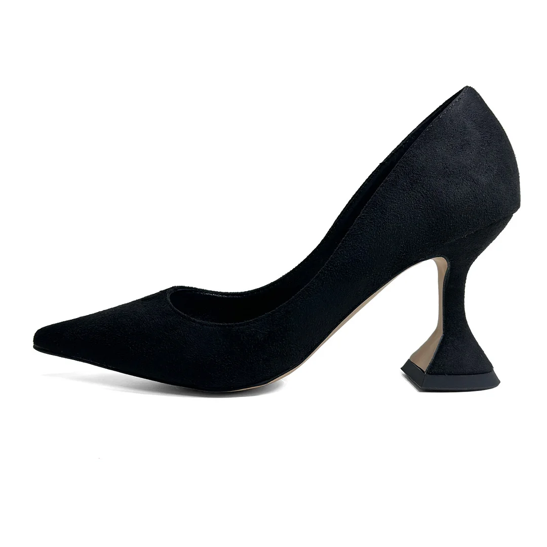 Vegan Suede Slip-On Pointed Toe Flared Heel Black Pumps for Women