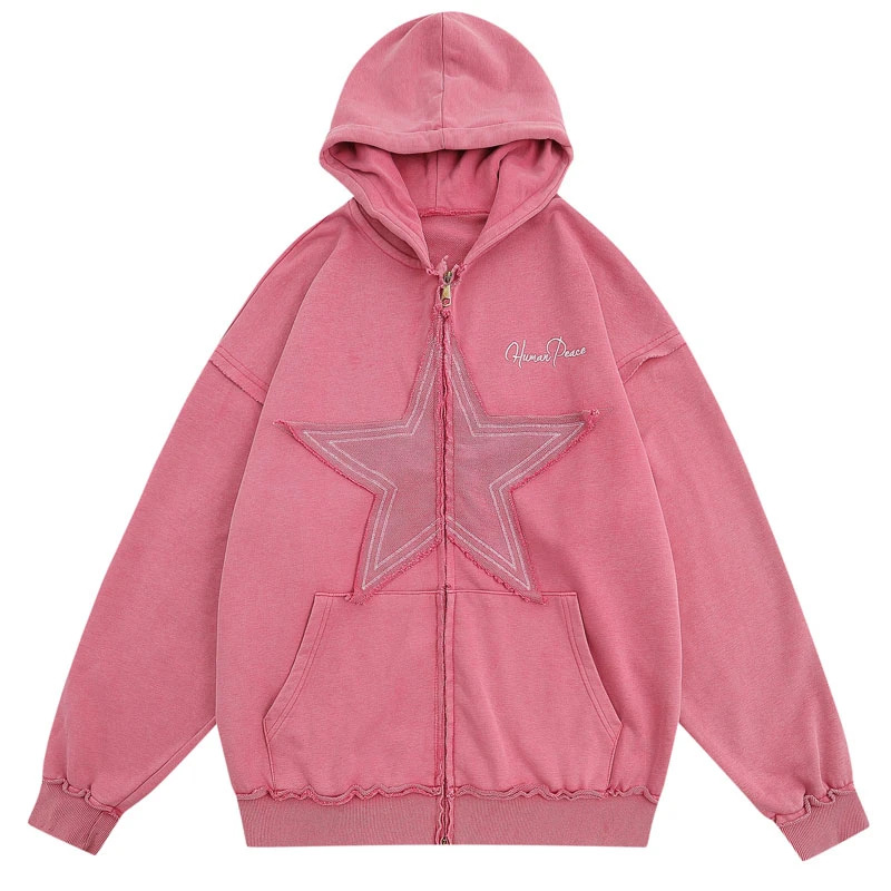 Y2K STAR PATCH EMBROIDERED ZIP UP HOODIE