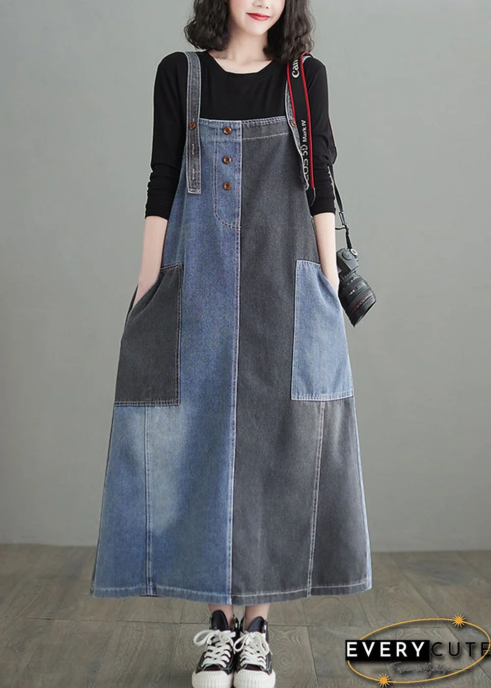 Modern Colorblock Oversized Patchwork Pockets Denim Strap Dress Summer