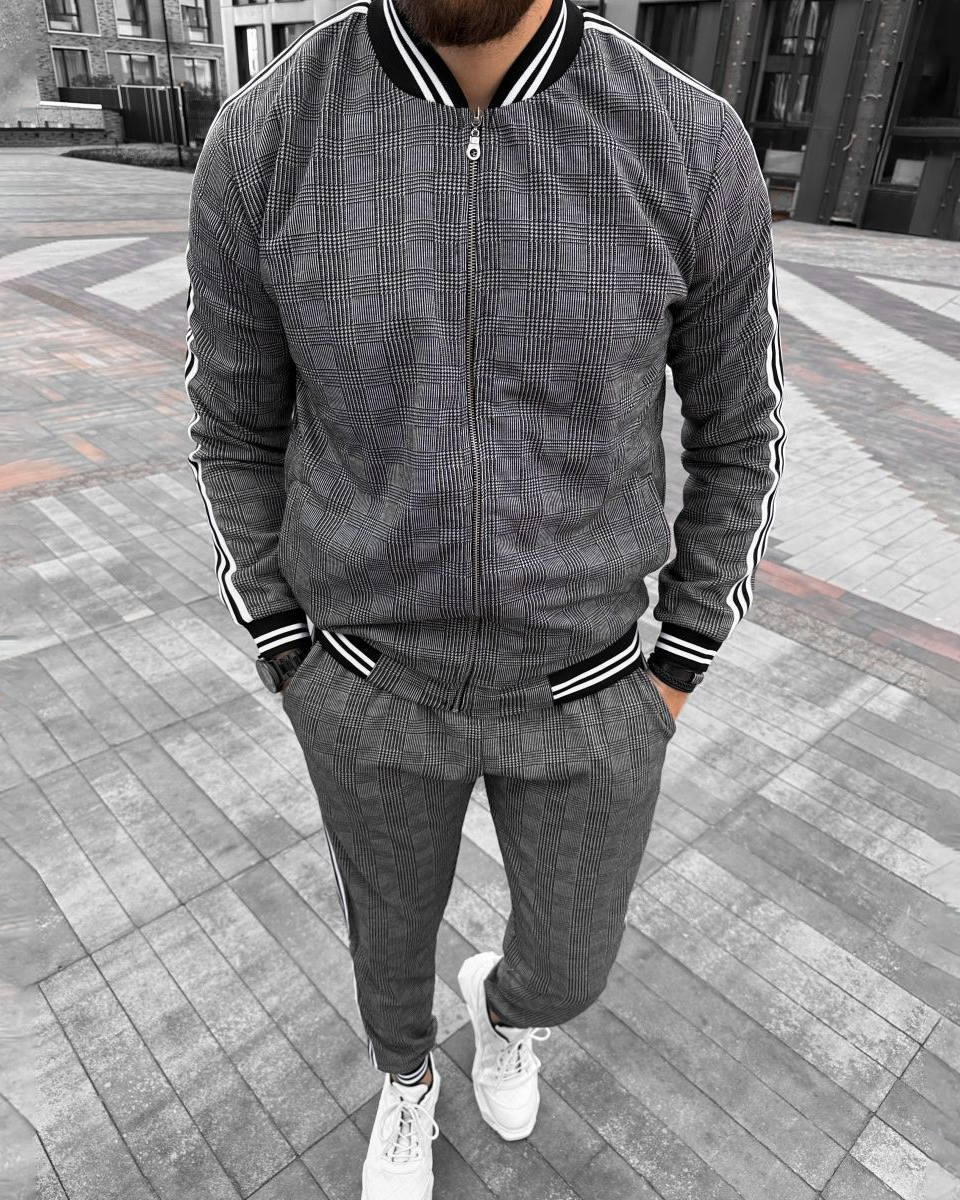 Men's Grey Plaid Tracksuit Full Set -00024