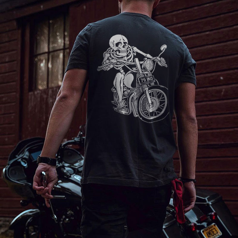 Skull Riding Motorcycle Graphic Casual Black Print T-shirt