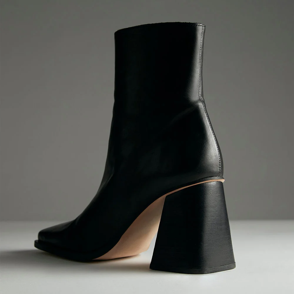 Black Square Toe 3'' Chunky Heel Side-Zip Office Ankle Boots