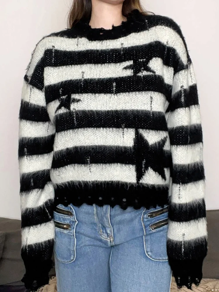 Wongn Dark Baggy Striped Mall Gothiic Aesthetic Sweaters Grunge Hollow ...