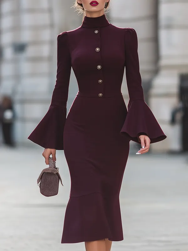 Buttoned Solid Color Bodycon Flared Sleeves High Neck Midi Dresses