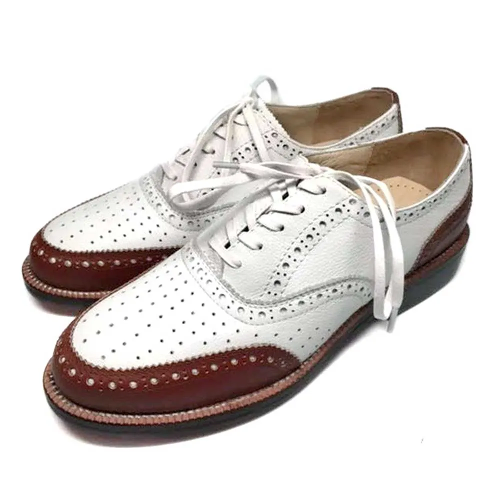 Burgundy & White Round Toe Block Heel Cut-Out Formal Oxford Shoes
