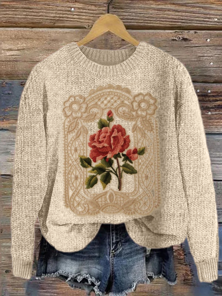 Vintage Cottagecore Rose Embroidery Cozy Knit Sweater
