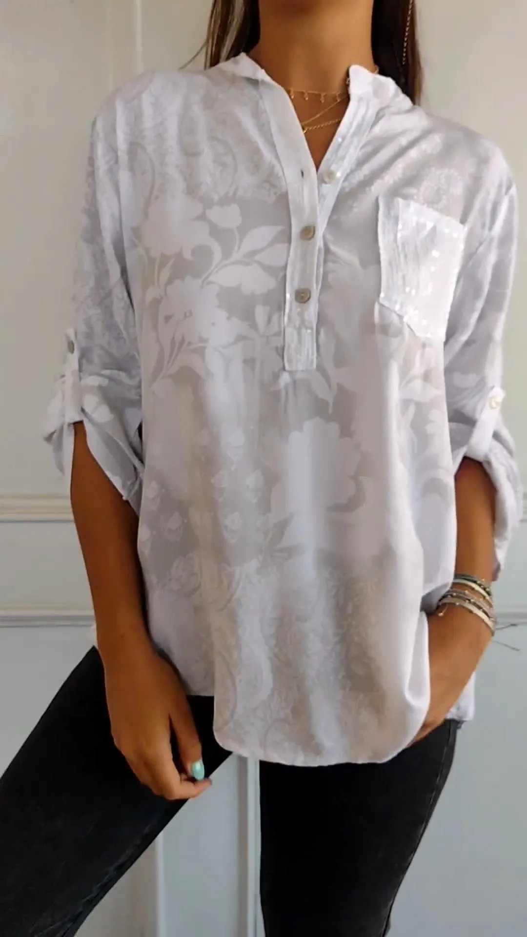 V-neck Half-button Printed Top (buy 2 free shipping )