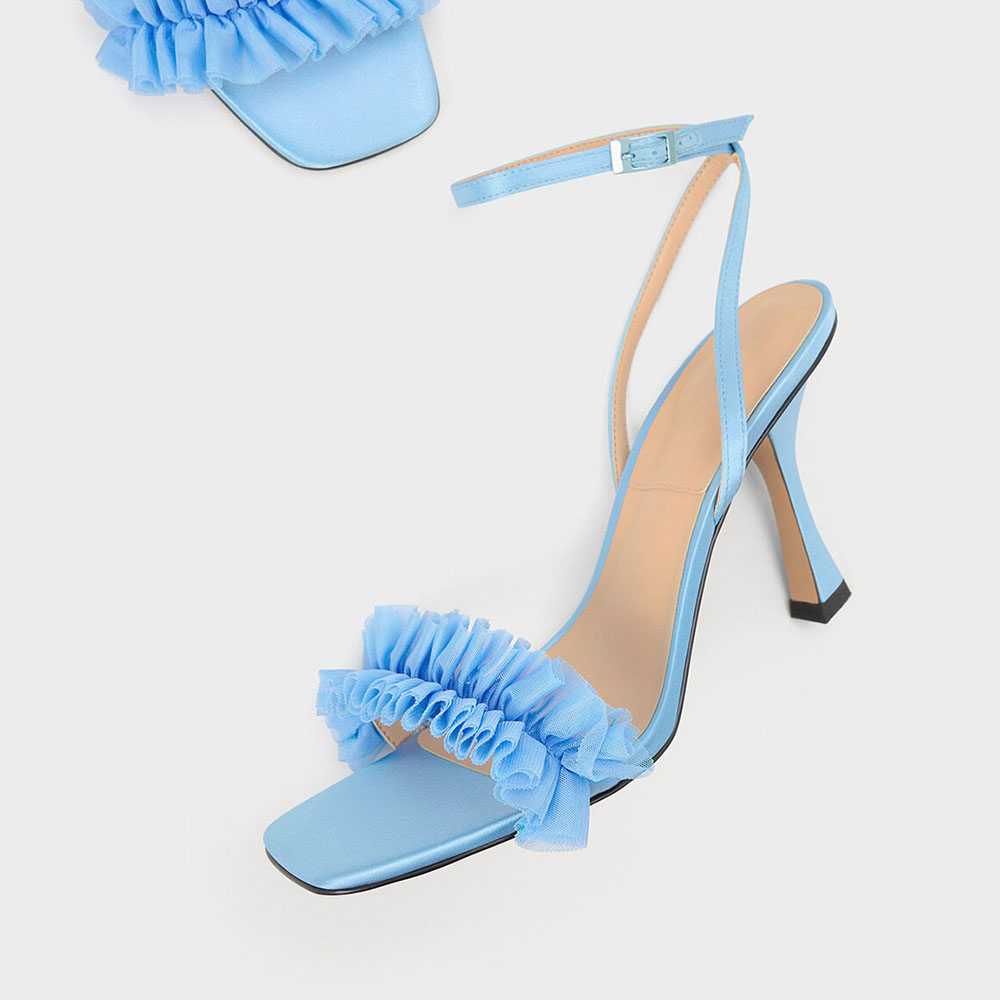 Las Vegas Ruffled Mesh Open Toe Flared Heel Ankle Strap Sandals In Blue