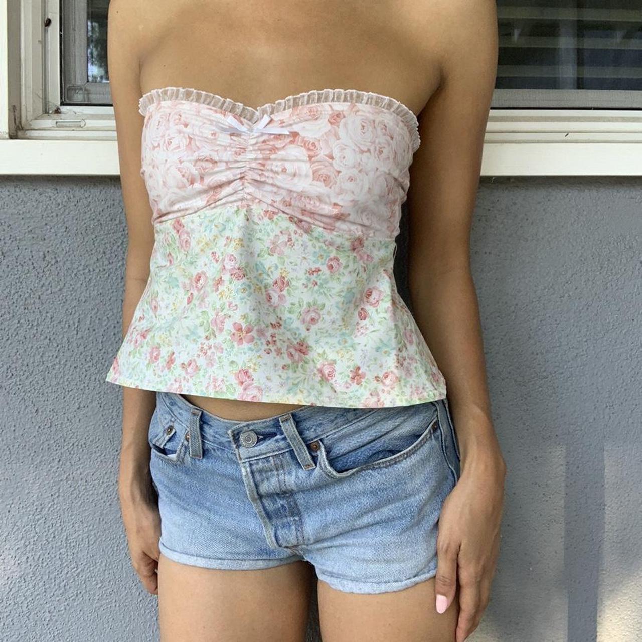 LACE TRIM FLORAL FRILLED TUBE TOP