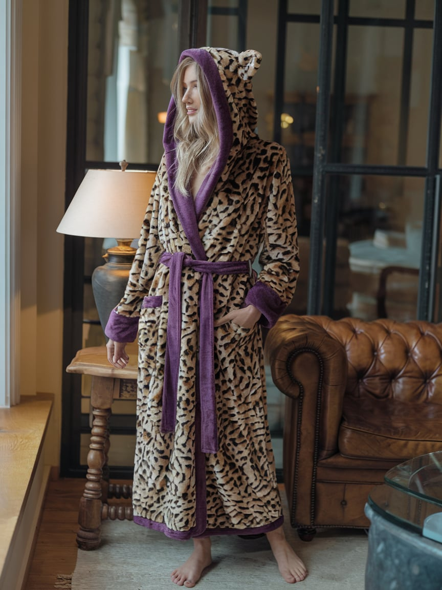 Flannel Leopard Print Hooded Robe