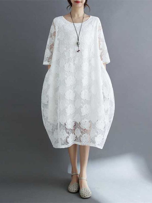 Ethereal Half Sleeve Round-Neck Midi Dress with Hollow Details