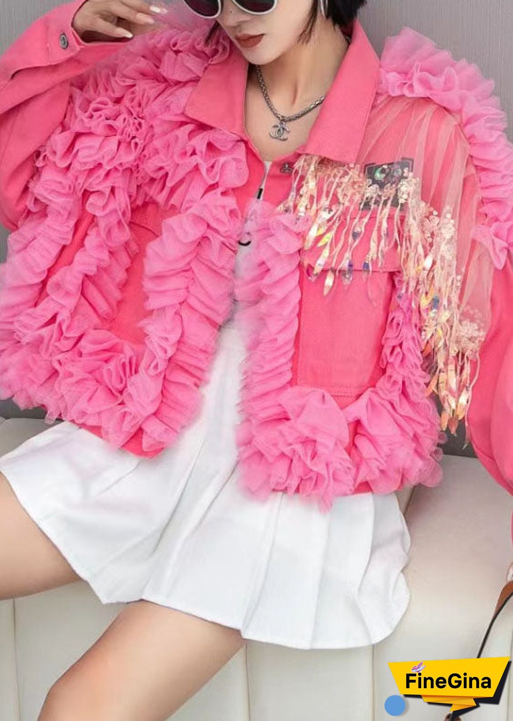 FineGina Fashion Pink Tulle Ruffled Tasseled Patchwork Denim Jackets Spring