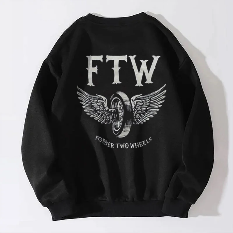 MOTOSUNNY FTW FOREVER TWO WHEELS Angel Wings Graphic Black Print Sweatshirt