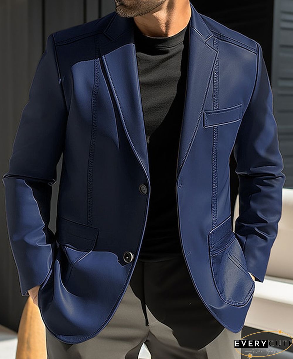 Solid Notch Lapel Two Button Utility Pocket PU Leather Blazer