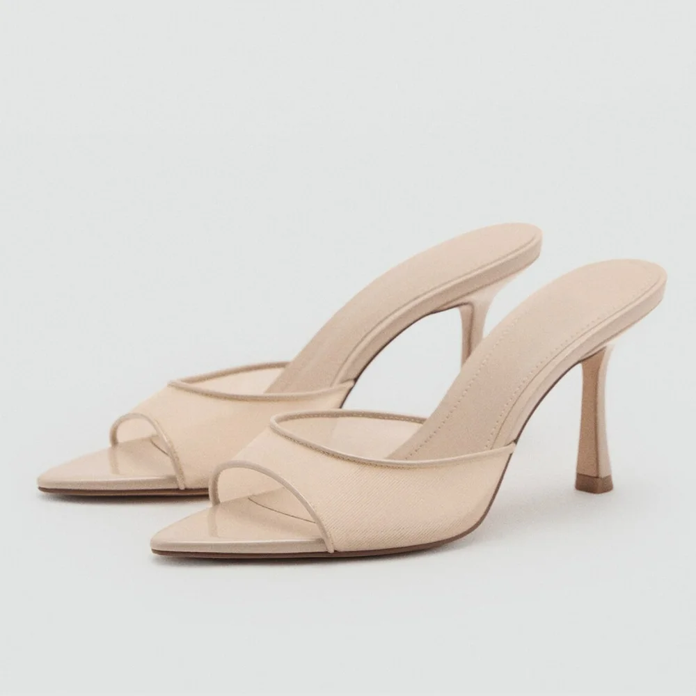 Ivory Breathable Mesh Pointed Toe High Heel Mule Shoes for Women