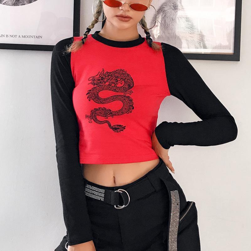 CONTRAST DRAGON PRINT LONG SLEEVE TOP