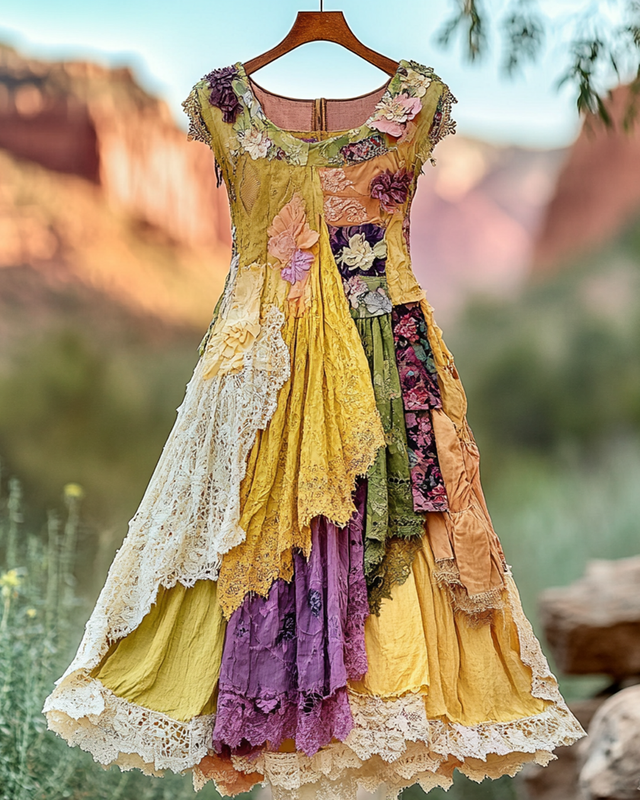 Vintage Floral Embroidered Lace Patchwork Dress b034