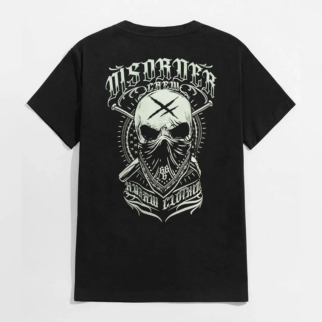 MOTOSUNNY DISORDER Skull Motor Handles Graphic Causal Black Print T-shirt