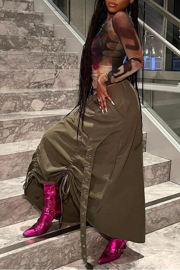 Statement Pocket Solid Color Asymmetric Drawstring Long Skirt