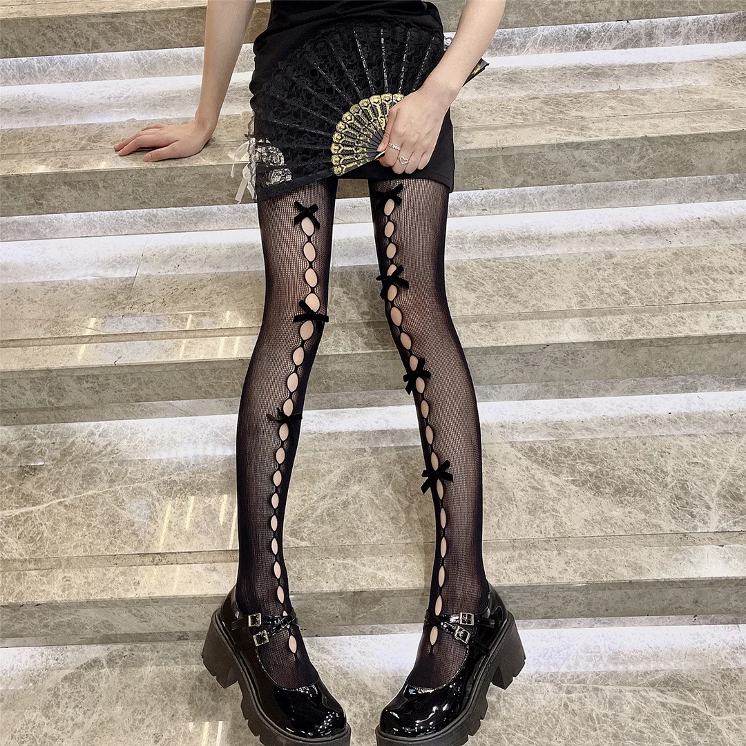 VELVET BOW CUTOUT MESH STOCKINGS