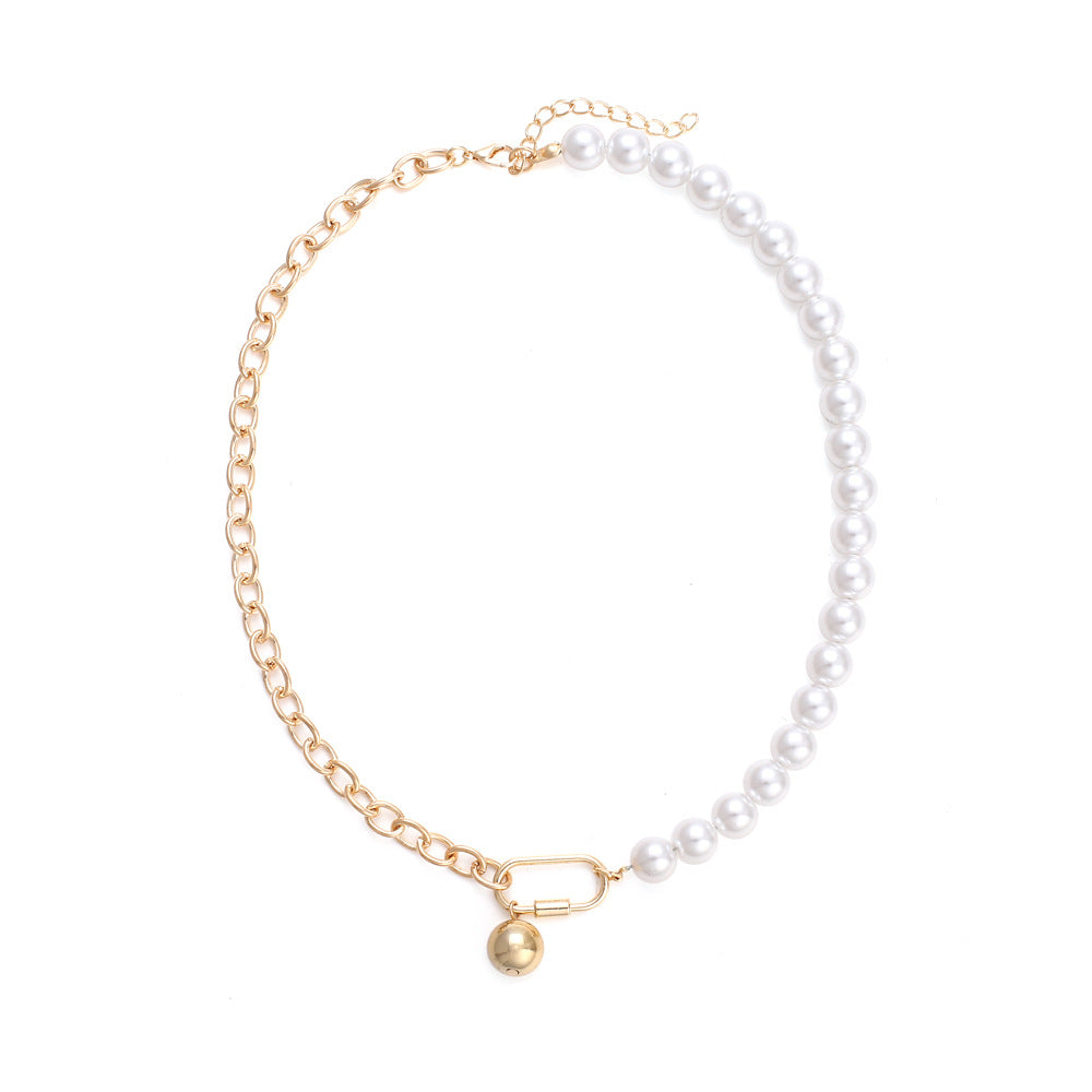 Pearl Lock Metal Stitching Necklace - Ladylim