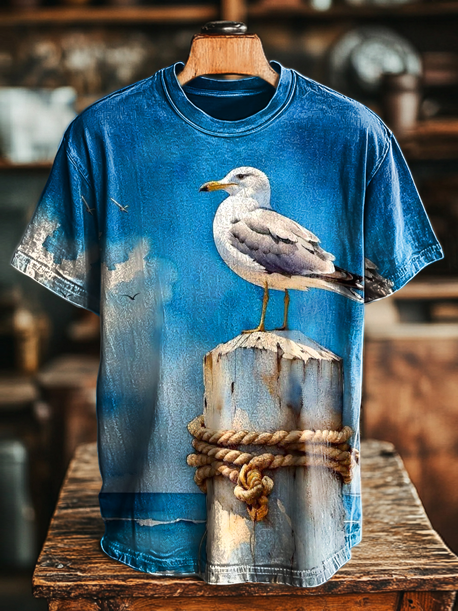 Unisex Vintage Seagull Sea Print Casual Loose T-Shirt