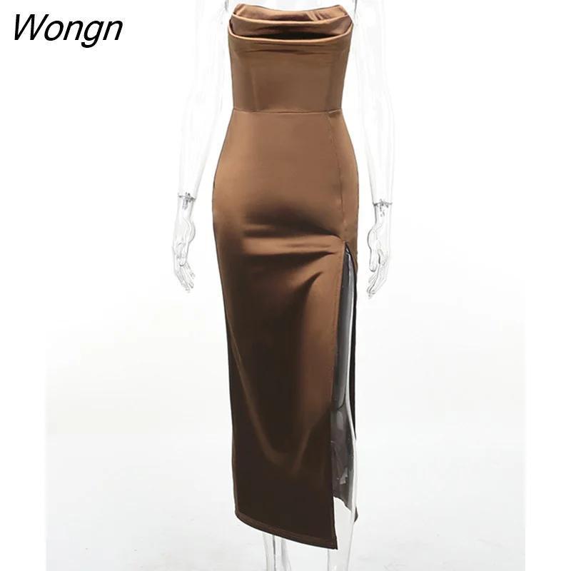 Wongn Women Midi Dress High Split Ruched Silk Corset Tube Elegant Sexy