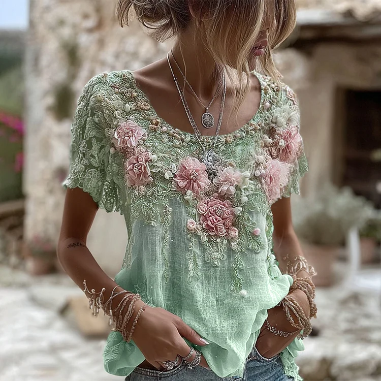 Women S Pink Rose Embroidery Art Round Neck Short Sleeve Linen Blend T